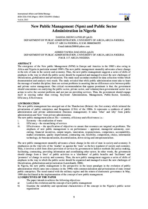 Pdf New Public Management Npm And Public Sector Administration In Nigeria