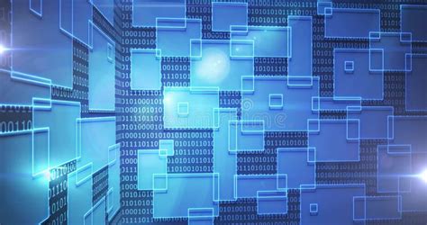 Binary Code And Geometric Shapes Animation Over Blue Digital Background