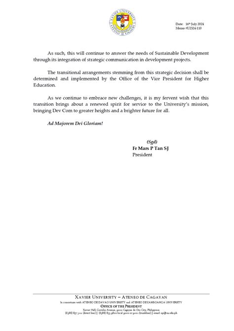 Xavier University Memo U2324 110 Transfer Of The BS Development Communication Program