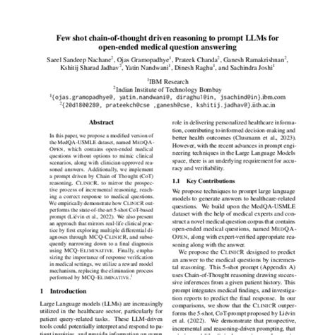 Few Shot Chain Of Thought Driven Reasoning To Prompt Llms For Open Ended Medical Question