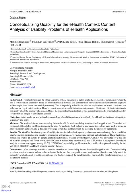 Pdf Conceptualizing Usability For The Ehealth Context A Content Analysis Of Usability