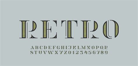 레트로 알파벳 세리프 장식 줄무늬 글꼴 로고 및 브랜드 이름 빈티지 디자인 및 라벨 알코올 Az의 대문자와 09의 숫자 벡터 일러스트 레이 션 10eps 라인아트에 대한