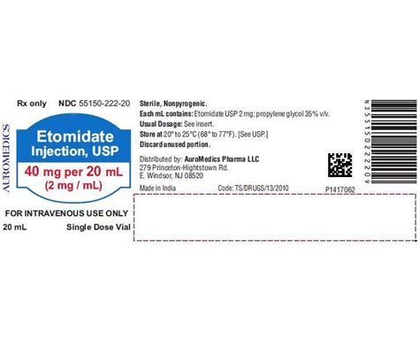 Etomidate Injection Usp 40mg Per 20ml 2mgml