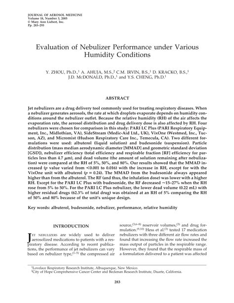 Pdf Evaluation Of Nebulizer Performance Under Various Humidity Conditions