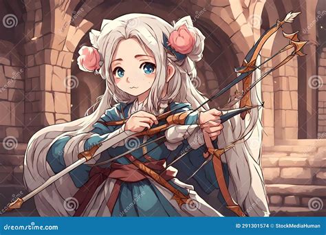 Anime Archer Girl Medieval Themed Bow And Arrow Warrior Woman Stock