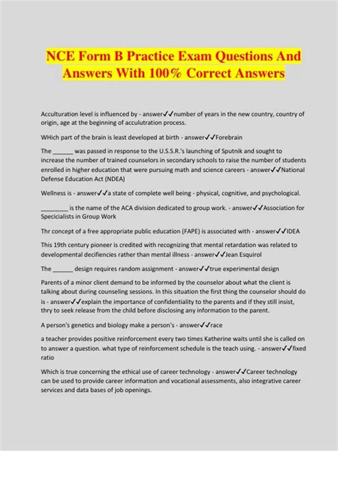 Nce Form B Practice Exam Questions And Answers With 100 Correct Answers Nce Stuvia Us