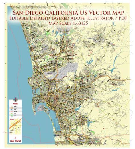 San Diego California Us Pdf Vector Map Detailed Editable Adobe Pdf In