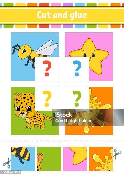 잘라 내고 접착제 플래시 카드를 설정합니다 색상 퍼즐 워크시트를 개발하는 교육 활동 페이지입니다 어린이를위한 게임 재미있는 캐릭터 격리된 벡터 그림입니다 만화 스타일 0명에