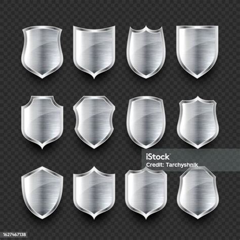 다양한 빈티지 3d 금속 방패 아이콘 세트입니다 반짝이는 강철 문장 방패 검은색 보호 및 보안 기호 레이블 벡터 그림 강철에 대한 스톡 벡터 아트 및 기타 이미지 Istock