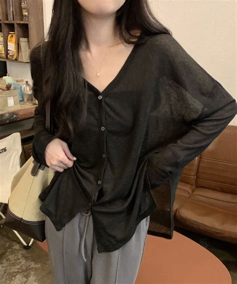 포앤바이앤 가오리핏 거즈 가디건 브이넥 로우숄더 루즈핏 긴팔 긴소매 싱글버튼 멜란지 하프 니트 가디건 봄 여름 얇은 가벼운 부드러운 레이어드 코티템 편한 심플 베이직