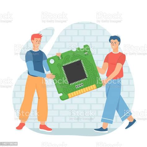 당기는 남자들은 마이크로 회로를 놓고 경쟁합니다 글로벌 마이크로 프로세서 부족과 높은 수요 마이크로 프로세서와 컴퓨터 칩은 문제를 일으킨다 벡터 일러스트 레이 션 평면