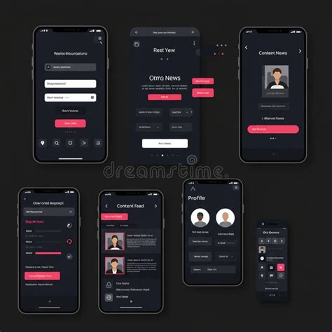 Dark Mode Smartphone App Interface With Multiple Screens Displayed
