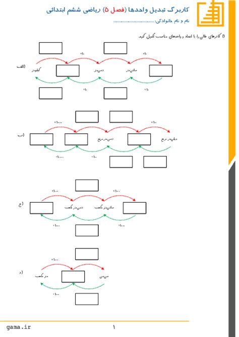 کاربرگ تبدیل واحدهای طول، مساحت، حجم و جرم ریاضی ششم گاما