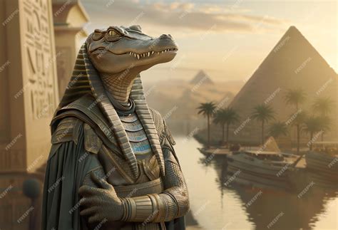 Crocodileheaded Egyptian God Sobek Standing By The Nile With Pyramids