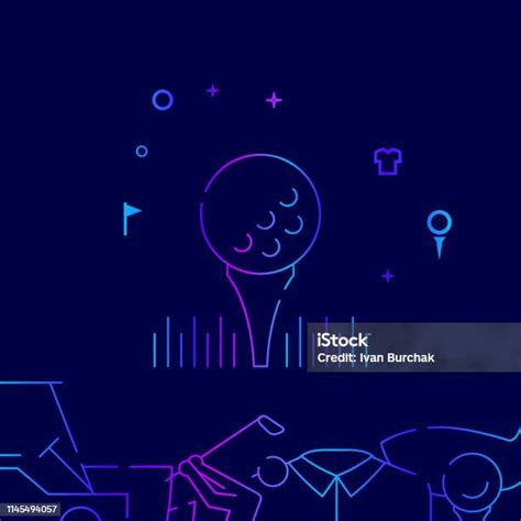 골프 볼과 잔디 벡터 라인 아이콘에 티 어두운 파란색 배경에 그림 관련 된 아래쪽 테두리 골프에 대한 스톡 벡터 아트 및 기타