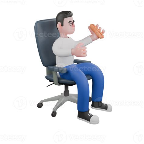 3d Cartoon Editor Model Design A Male Editor Sits Holding A Hotdog In His Left Hand Smiling