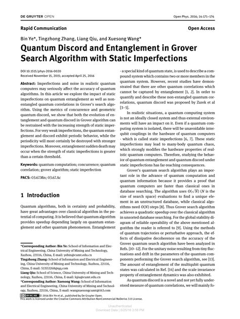 Pdf Quantum Discord And Entanglement In Grover Search Algorithm