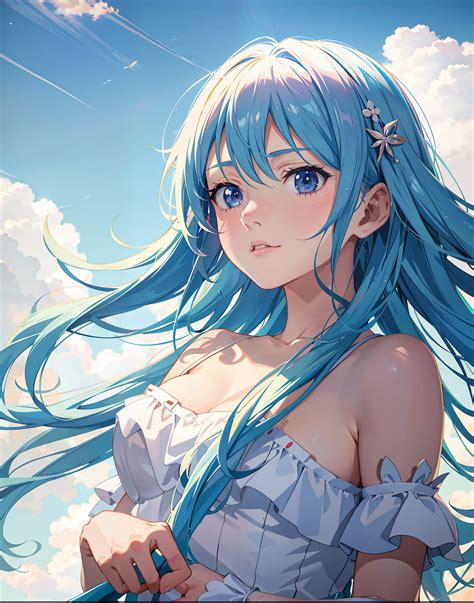 Anime Girl With Blue Hair And White Dress Posing For A Picture Anime