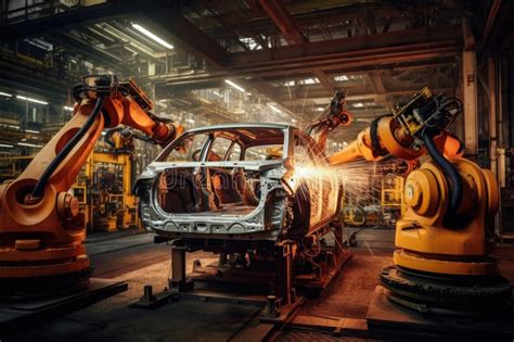 Car Factory With Robotic Arms At Assembly Line Generative Ai Stock Illustration Illustration