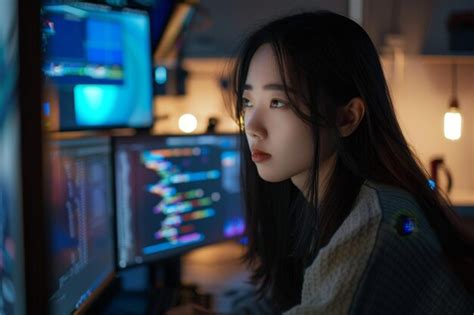 a focused asian woman sitting in front of a computer screen debugging