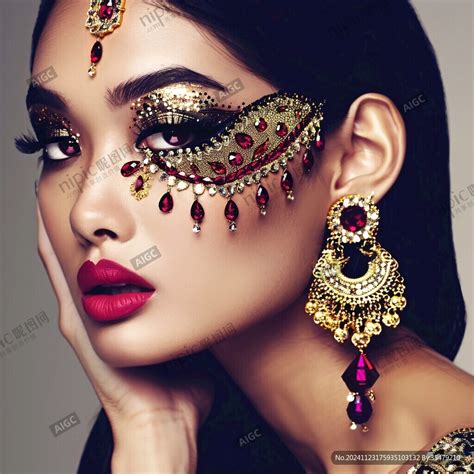 Ai创作图印度新娘妆容 异域风炫彩 绚丽美体美颜彩妆美妆 异域民族风 化妆类设计 眉间镶嵌宝石 印度海娜彩绘 非物质文化化妆妆容 印度美女