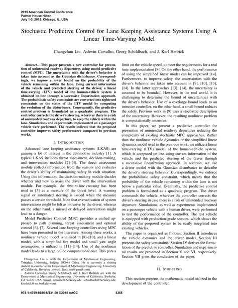 Pdf Stochastic Predictive Control For Lane Keeping Assistance Systems