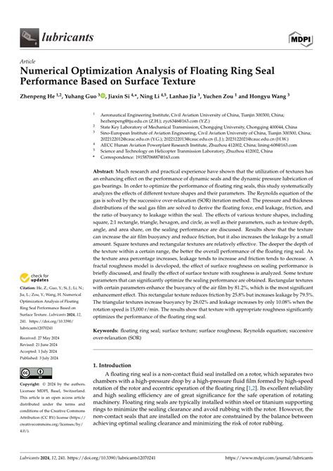 Pdf Numerical Optimization Analysis Of Floating Ring Seal Performance Based On Surface Texture