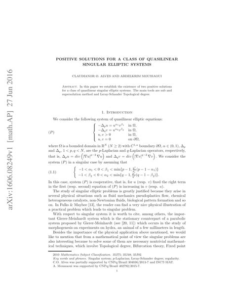 Pdf Positive Solutions For A Class Of Quasilinear Singular Elliptic