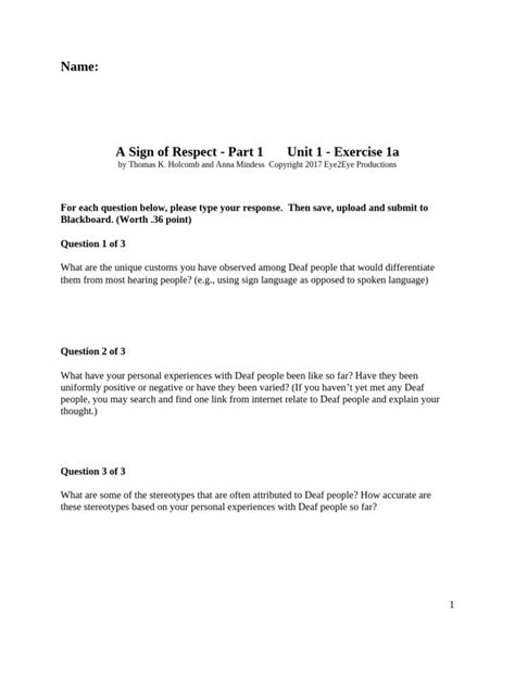 A Sign Of Respect Part 1 Unit 1 And 2 Exercise 1 And 2 Pdf