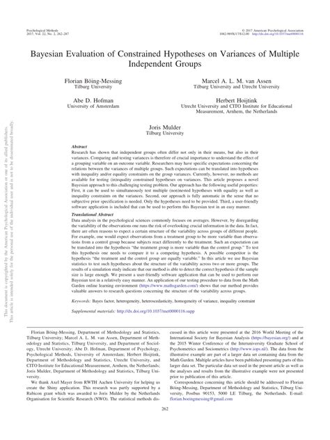 Pdf Bayesian Evaluation Of Constrained Hypotheses On Variances Of