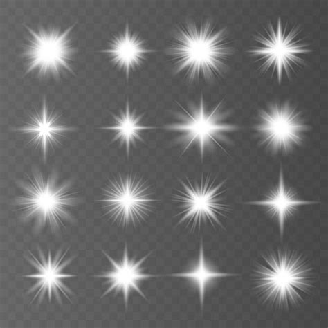 하얀 태양 반짝임 밝은 플래시 조명 플레어 세트 빛나는 조명 효과 반짝이 별 스파크 벡터 프리미엄 벡터