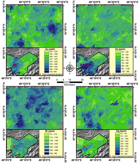 Geochemical Maps For A Au B As C Bi And D Hg Using N S
