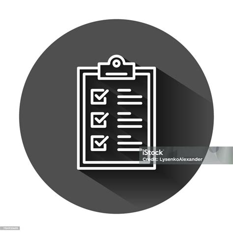 플랫 스타일의 체크 리스트 클립보드 서명 아이콘 긴 그림자와 함께 검은 색 둥근 배경에 문서 목록 벡터 일러스트 설문지 메모장