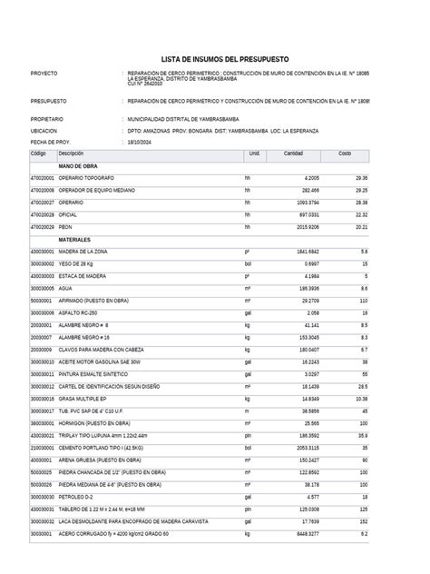 Lista De Insumos Pdf Materiales De Construcción Ingeniería De Edificación