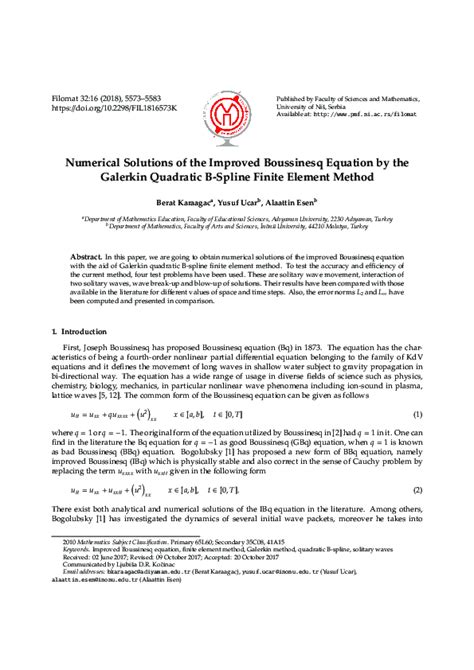 Pdf Numerical Solutions Of The Improved Boussinesq Equation By The Galerkin Quadratic B Spline