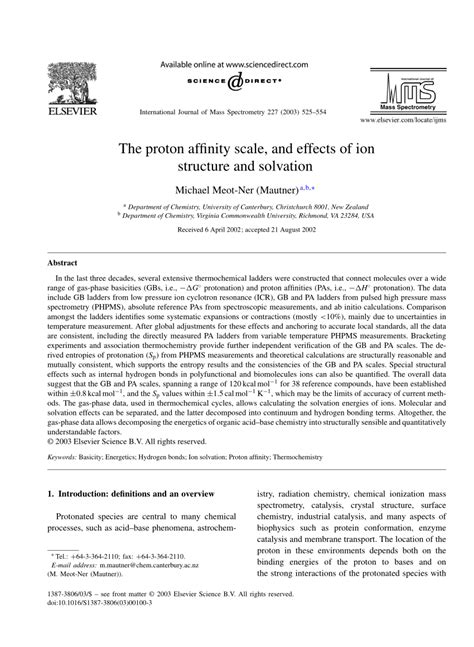 Pdf The Proton Affinity Scale And Effects Of Ion Structure And Solvation