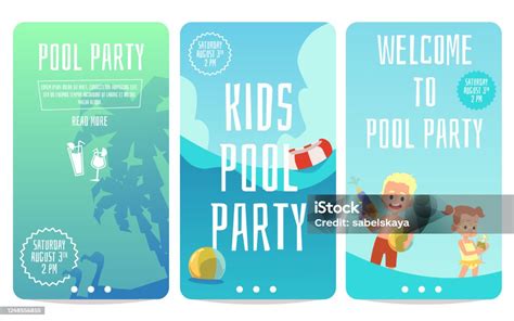 어린이 수영장 파티 전단지 또는 포스터 세트 플랫 벡터 일러스트 아이에 대한 스톡 벡터 아트 및 기타 이미지 아이 풀 파티