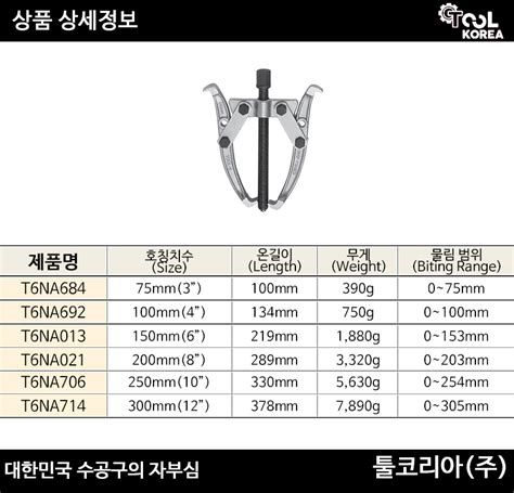 [툴코리아] 기어 풀러 2발 3인치 12인치 베어링풀러 조인트풀러 T6na684 714