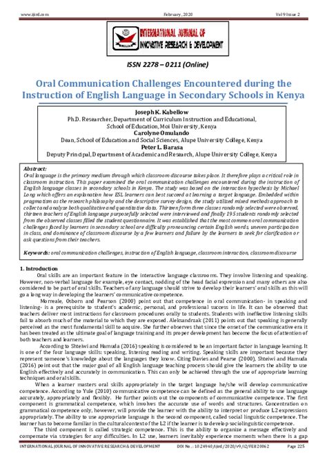 Pdf Oral Communication Challenges Encountered During The Instruction