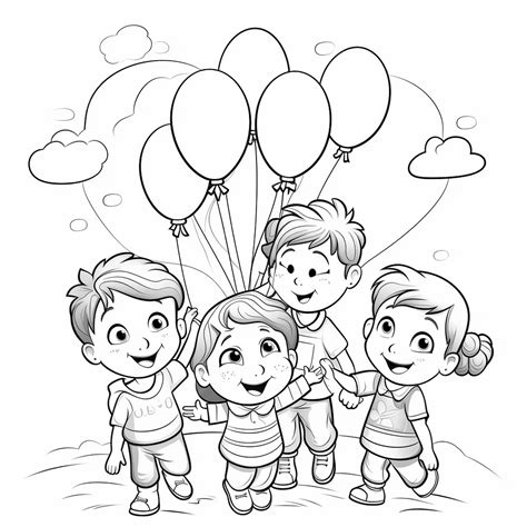 손으로 그린 카와이 풍선 어린이 생일 파티 어린이를 위한 색칠 책 페이지 프리미엄 사진