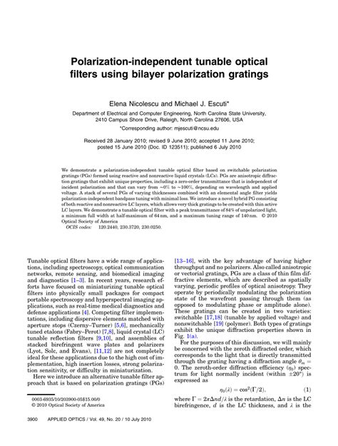 Pdf Polarization Independent Tunable Optical Filters Using Bilayer Polarization Gratings