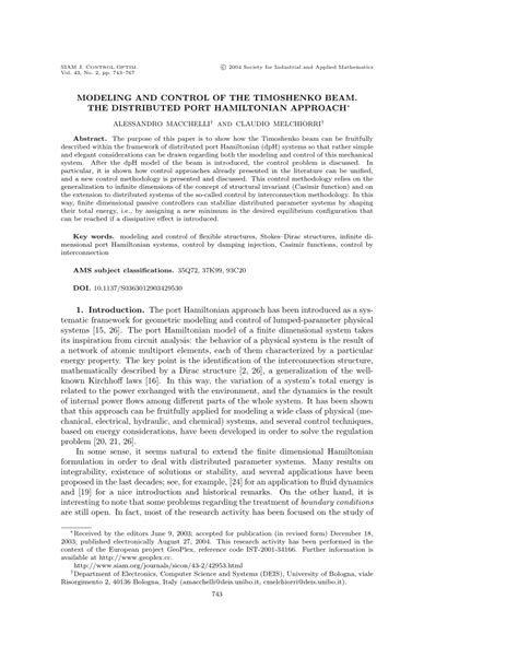 Pdf Modeling And Control Of The Timoshenko Beam The Distributed Port Hamiltonian Approach