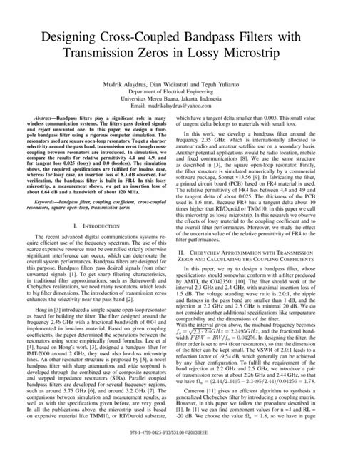 9 Designingcross Coupledbandpassfilterswithtransmissionzerosinlossymicrostrip Pdf