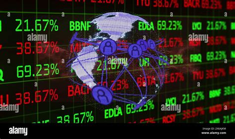 Image Of Connected Icons Around Globe Over Trading Board Against Abstract Pattern In Background