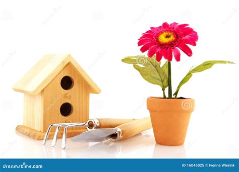 Artificial Flower Plant With Gardening Tools Stock Image Image Of