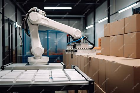 Premium Ai Image Packaging And Sorting Robot With Hands On Its Sides Reaching For Boxes
