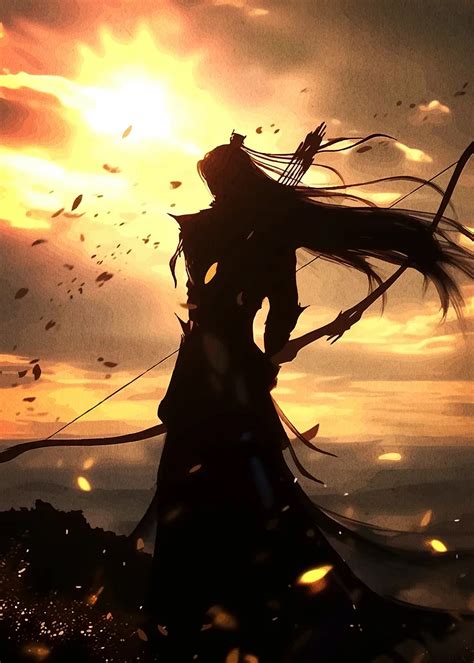 Silhouette Archer Against Sunset Sky Poster Picture Metal Print