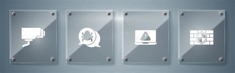 Set Shield With Brick Wall Laptop Exclamation Mark System Bug And Security Camera Square