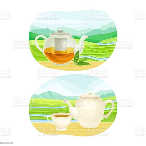 차 그린 테라스 필드 농장 컵과 찻주전자 뜨거운 향기로운 음료 벡터 세트 0명에 대한 스톡 벡터 아트 및 기타 이미지 0명