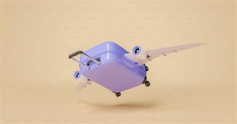 미니멀한 배경에 비행기 날개가 달린 여행 가방 여행 여름 비행 승객 및 항공사의 개념 3d 렌더링 사진